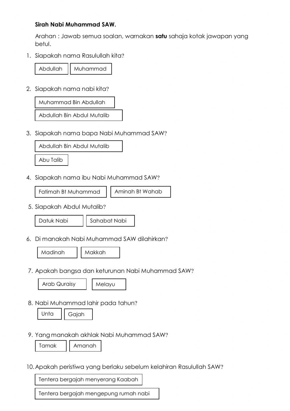 Sirah Nabi Muhammad SAW worksheet | Live Worksheets