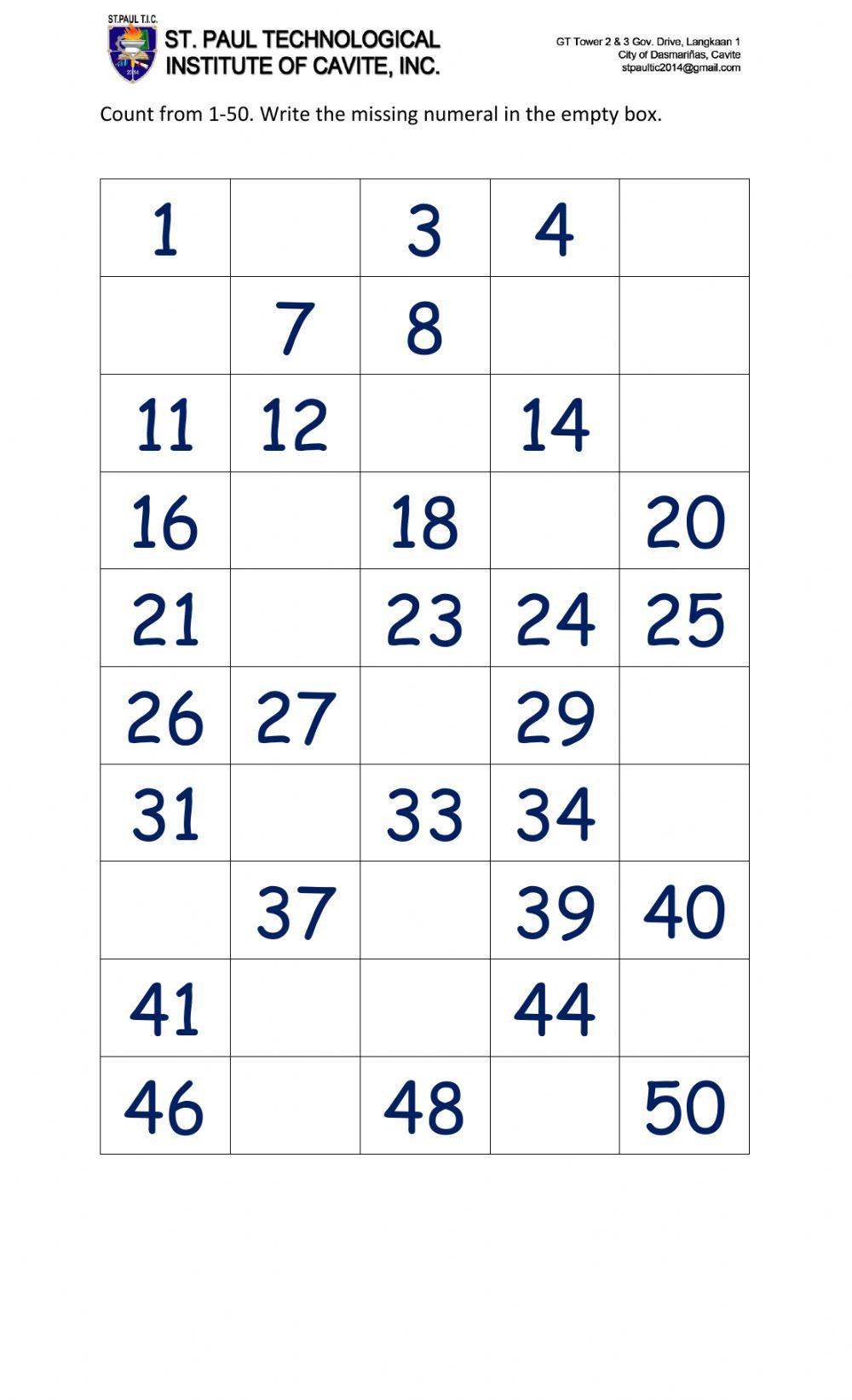 Missing numerals worksheet | Live Worksheets