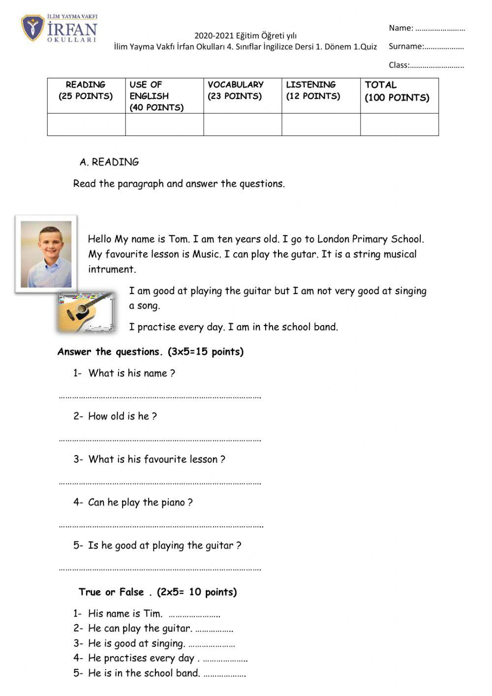 4-a quiz 1 worksheet | Live Worksheets