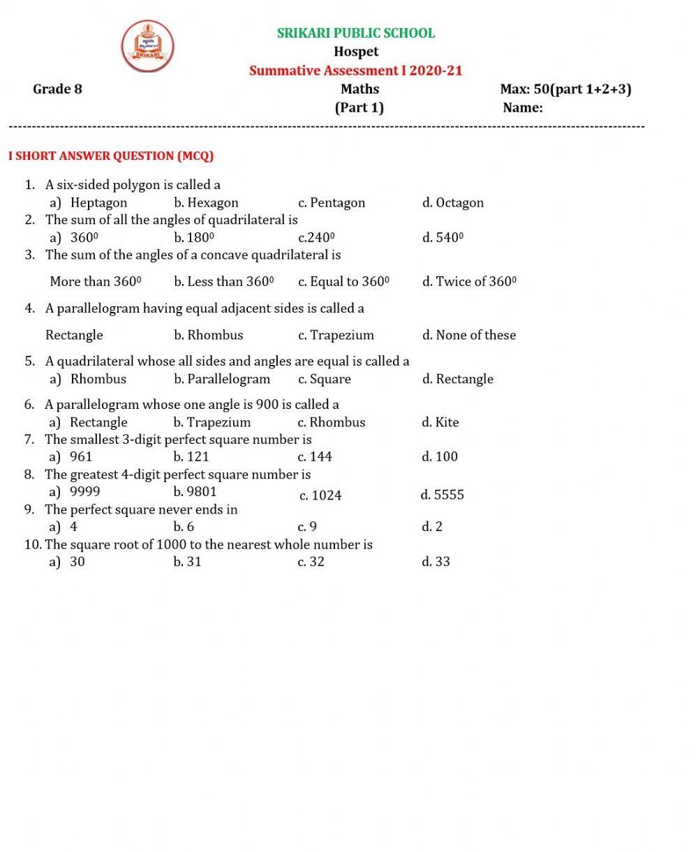 Srikari Public School VIII std Maths SA 1 Part 1 interactive worksheet ...