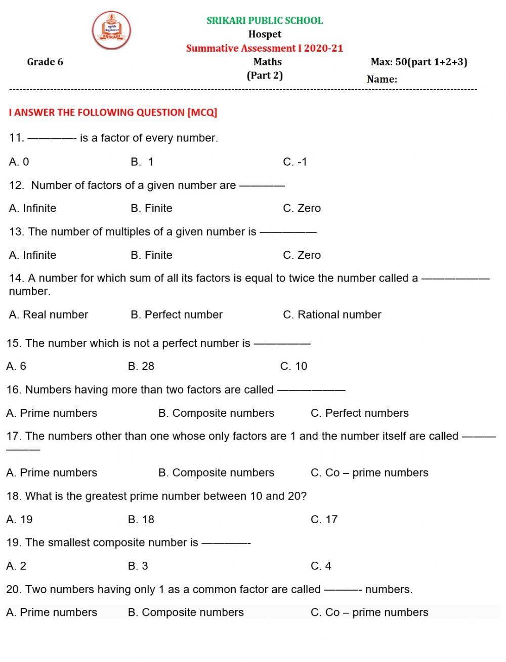 Srikari Public School VI std Maths SA 1 Part 2 worksheet | Live Worksheets