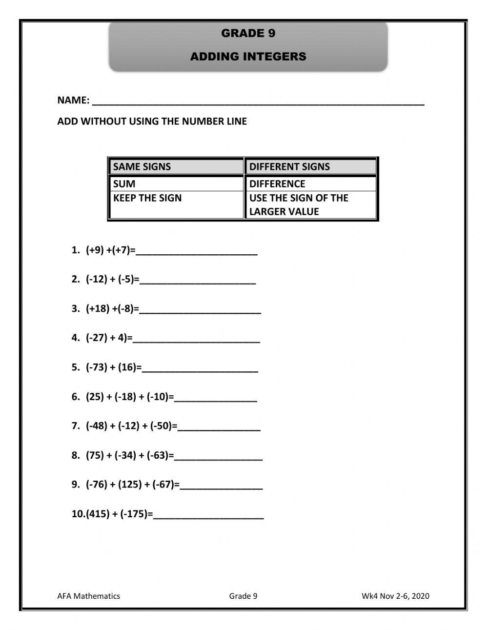Adding Integers online exercise for | Live Worksheets