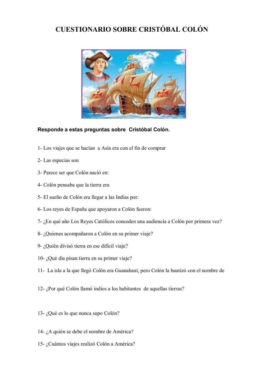 Cuestionario sobre Cristóbal Colón online exercise for | Live Worksheets