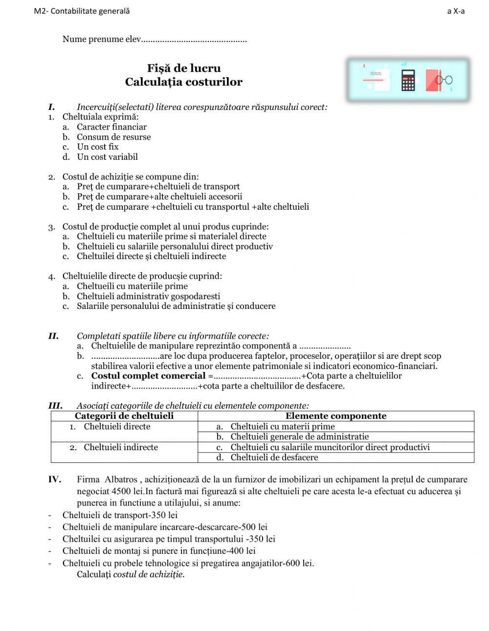 Calculatia costurilor worksheet | Live Worksheets