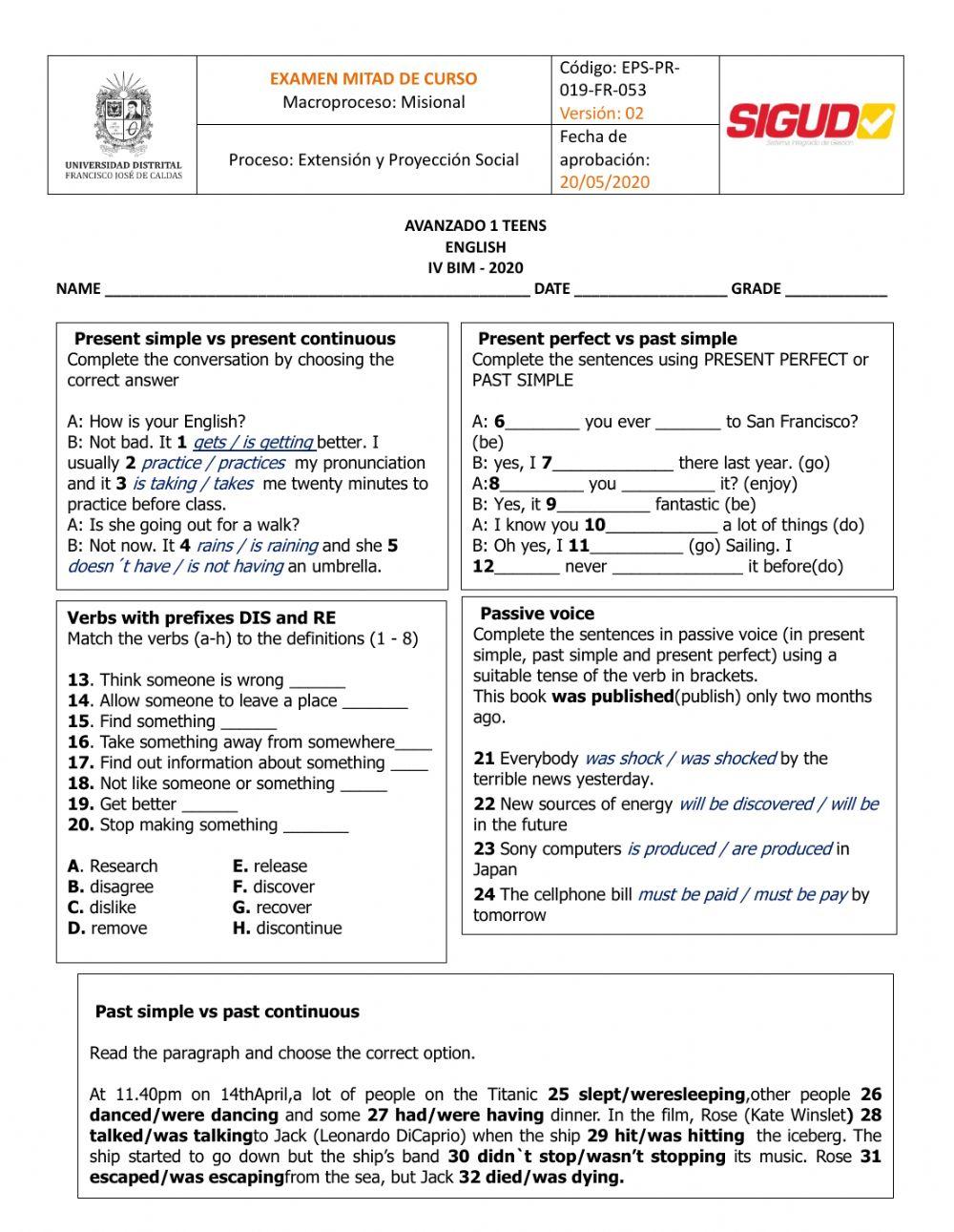 Mid Term Exam- Avanzado 1 Teens online exercise for | Live Worksheets
