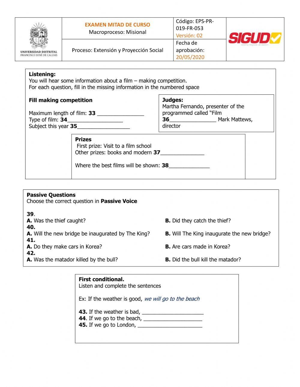 Mid Term Exam- Avanzado 1 Teens online exercise for | Live Worksheets
