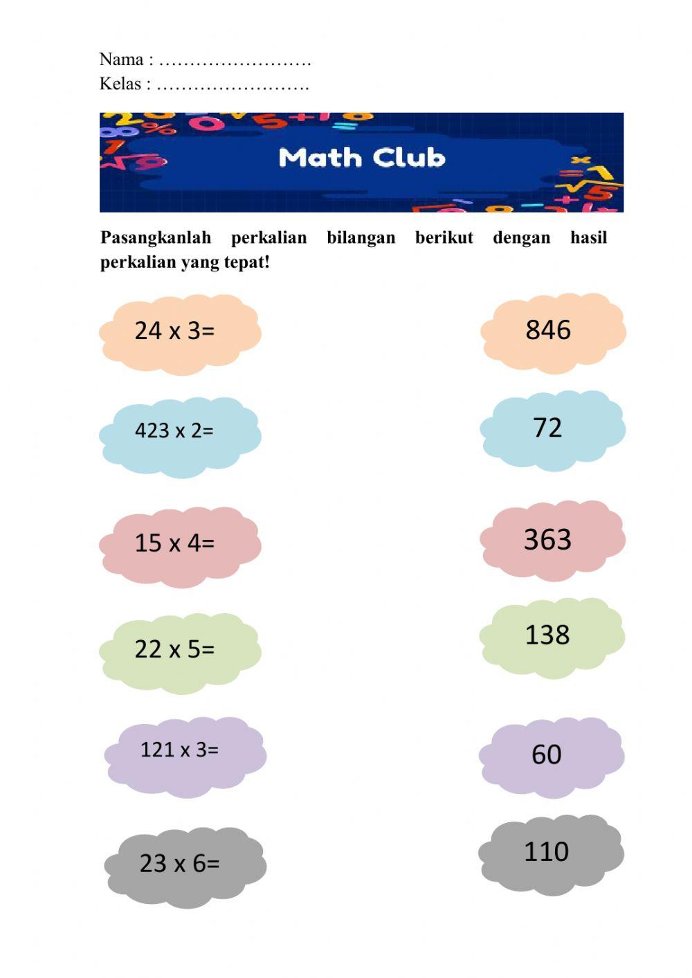 Math Club Exercise 8 Nop worksheet | Live Worksheets