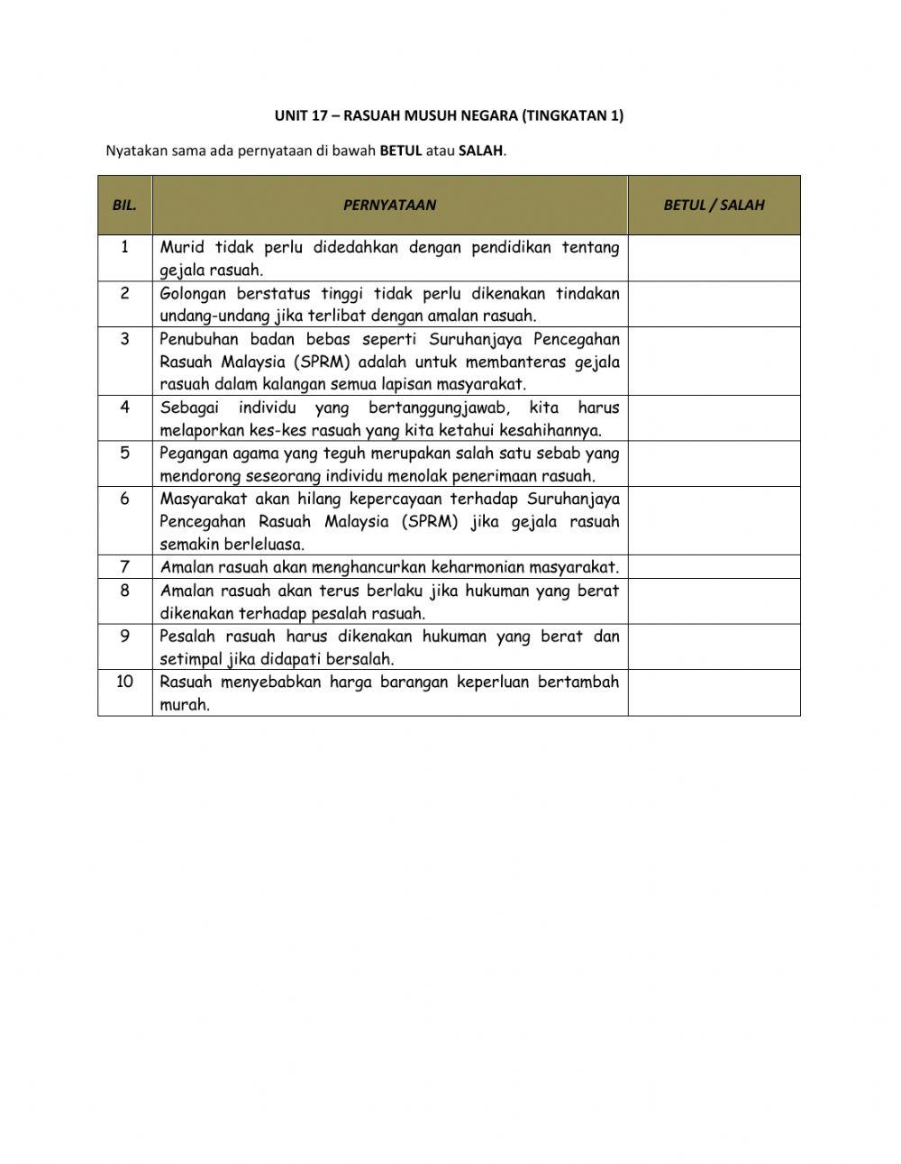 Unit 17 rasuah musuh negara interactive worksheet | Live Worksheets