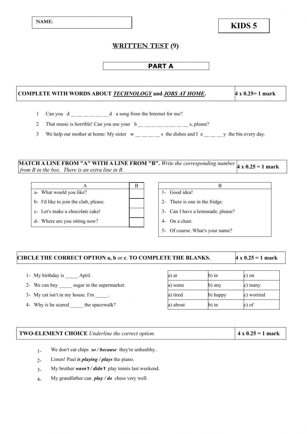 Kids 5 - WRITTEN TEST (9) worksheet | Live Worksheets
