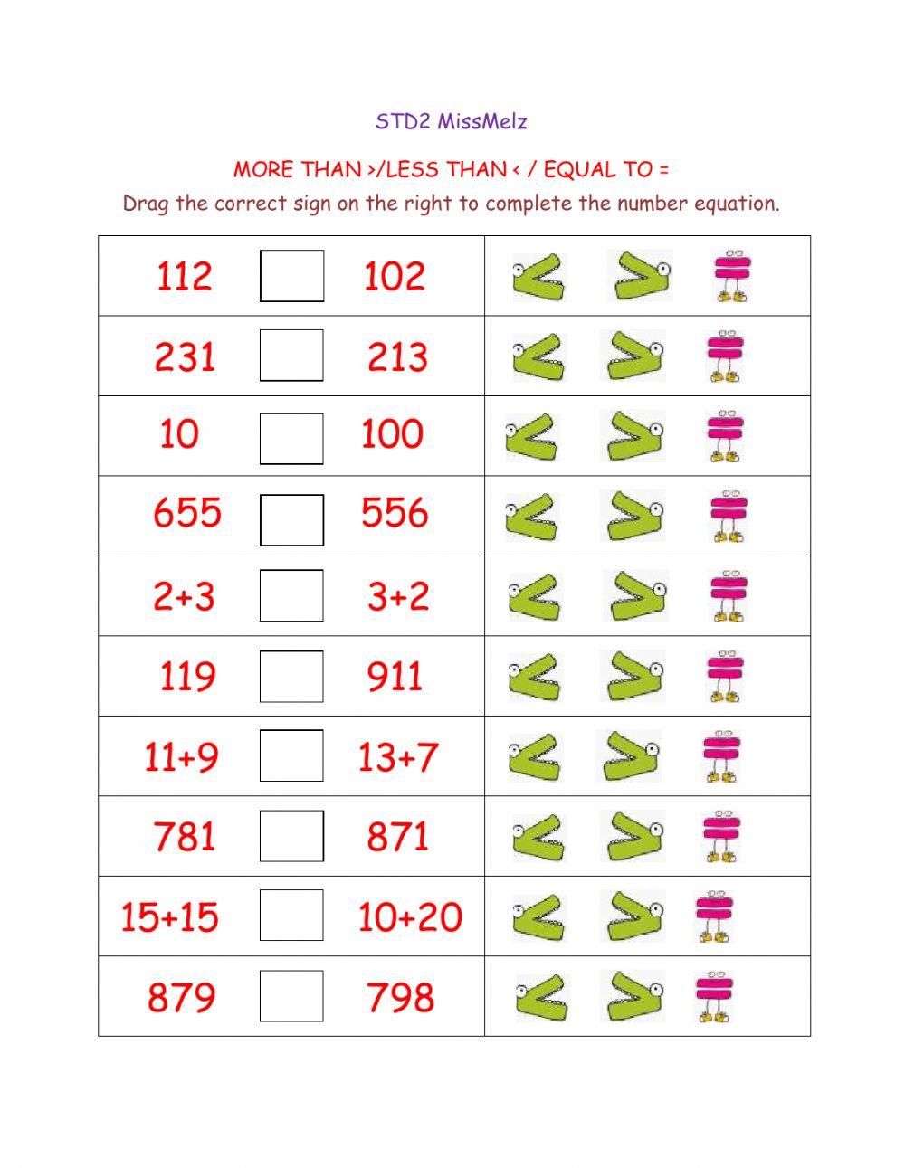 MORE THAN-LESS THAN-EQUAL TO ASSESSMENT online exercise for | Live ...