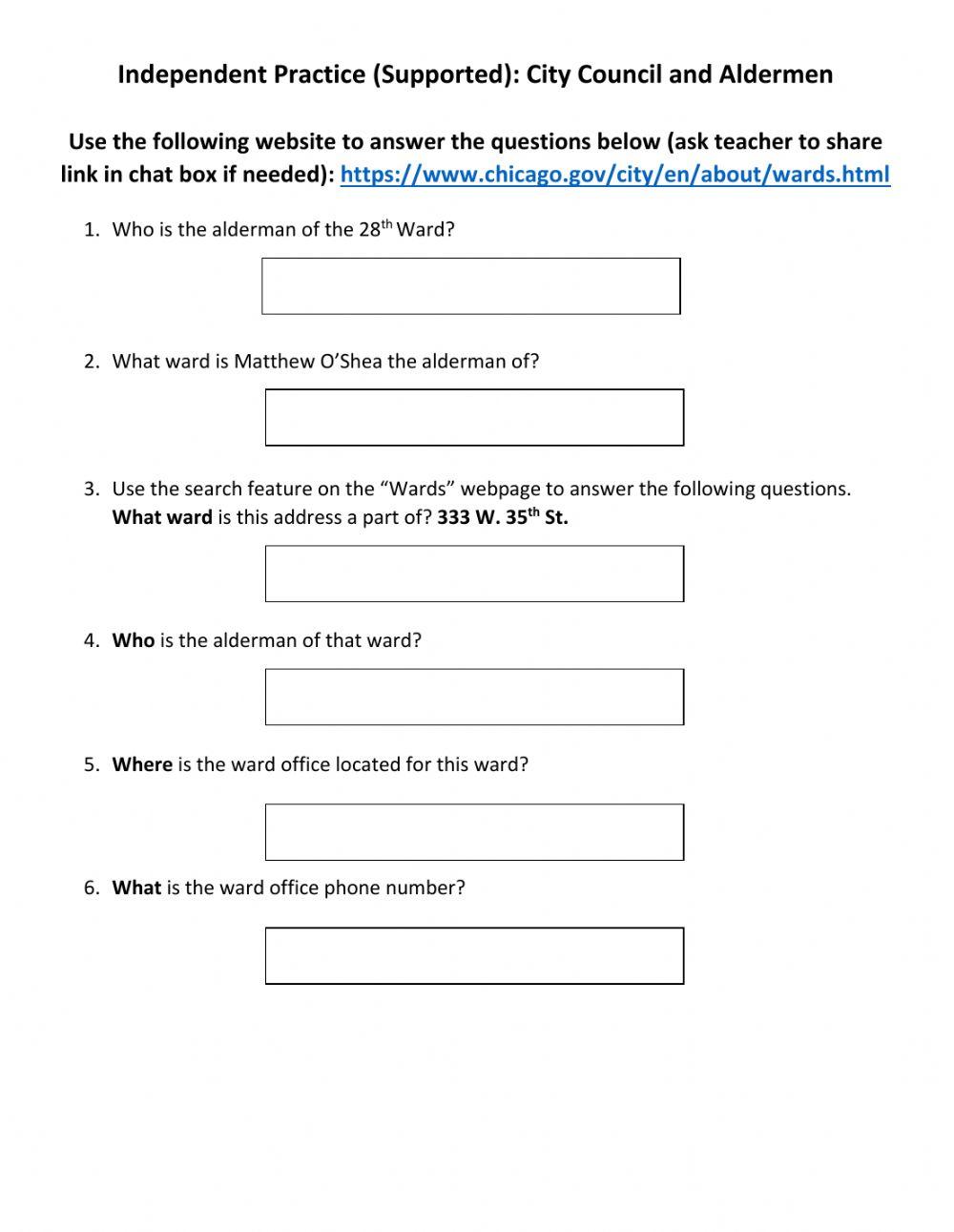 Independent Practice (Supported) - City Council and Aldermen worksheet ...