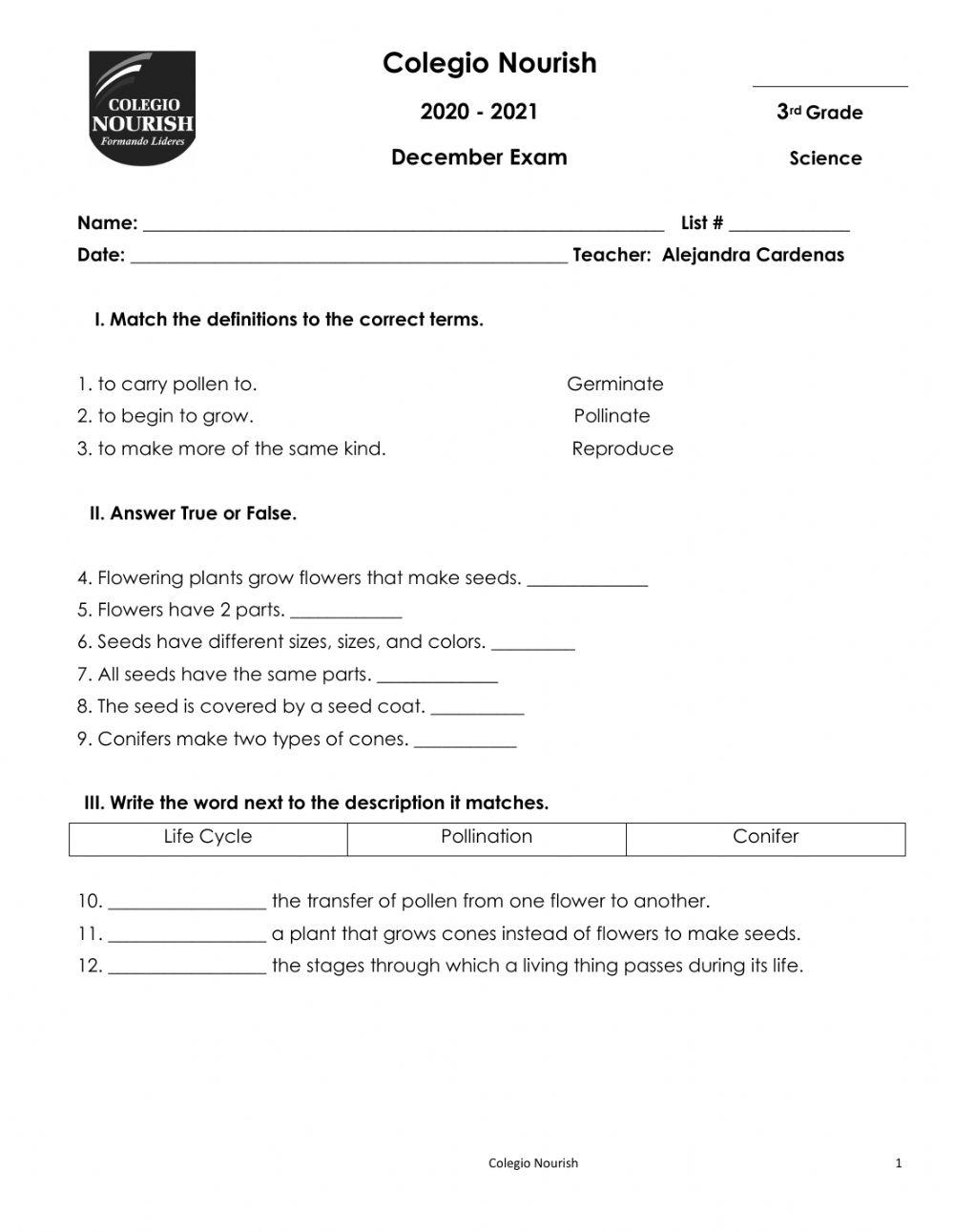 Science Exam Dec worksheet | Live Worksheets