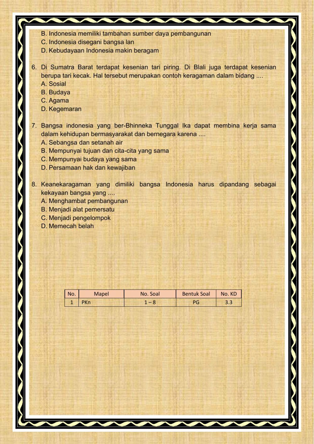 PAS I Tema 3 PKn Kelas 5 Tahun Pelajaran 2020-2021 worksheet | Live Worksheets