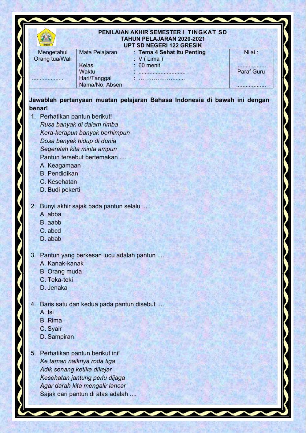 PAS I Tema 4 Bahasa Indonesia Kelas 5 Tahun Pelajaran 2020-2021 ...