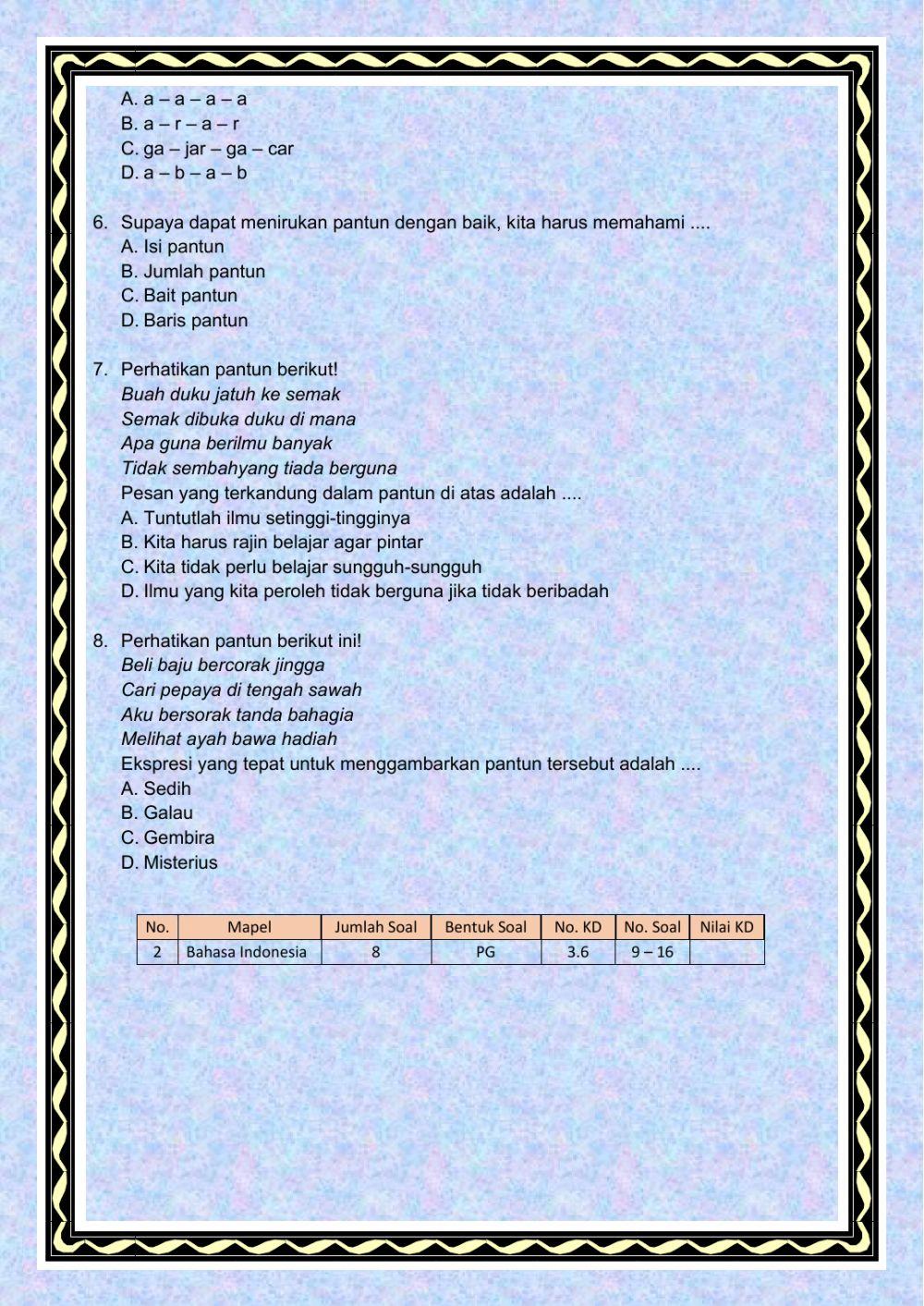 PAS I Tema 4 Bahasa Indonesia Kelas 5 Tahun Pelajaran 2020-2021 worksheet | Live Worksheets