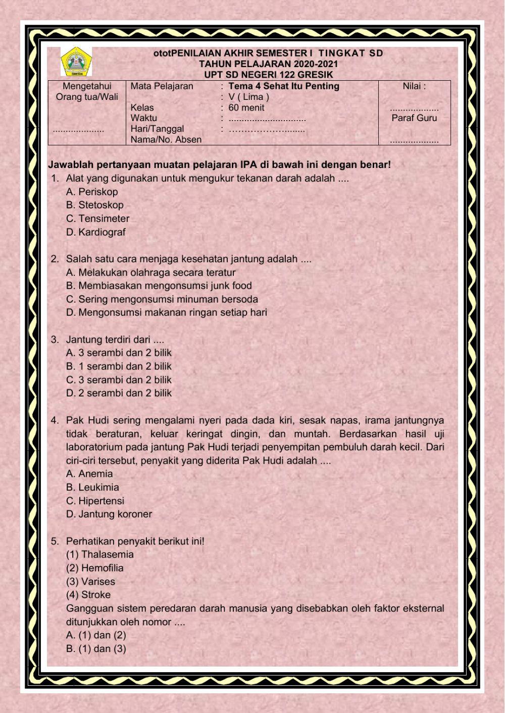 PAS I Tema 4 IPA Kelas 5 Tahun Pelajaran 2020-2021 worksheet | Live Worksheets