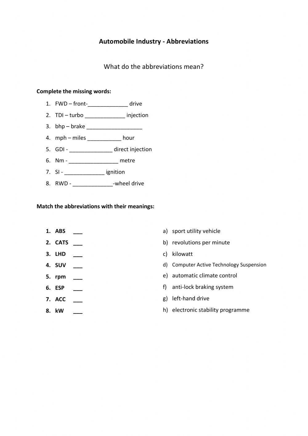 Automobile industry - abbreviations worksheet | Live Worksheets