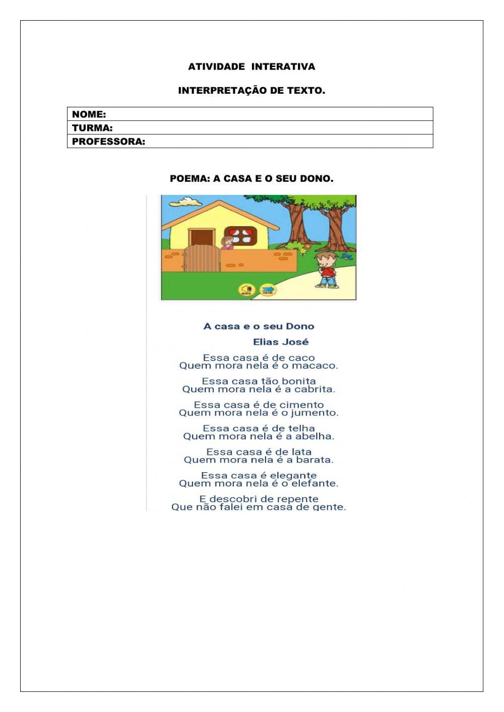 Atividade interativa : Poema A casa e o seu Dono. online exercise for ...