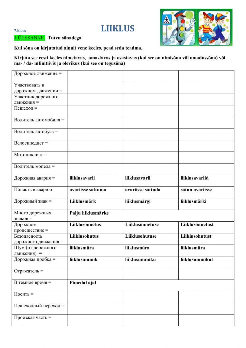 7.klass Liiklus worksheet | Live Worksheets