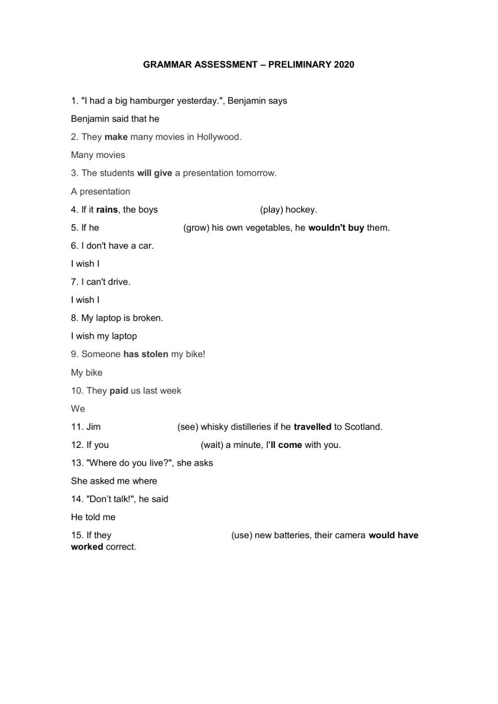 Preliminary - Grammar 2020 worksheet | Live Worksheets