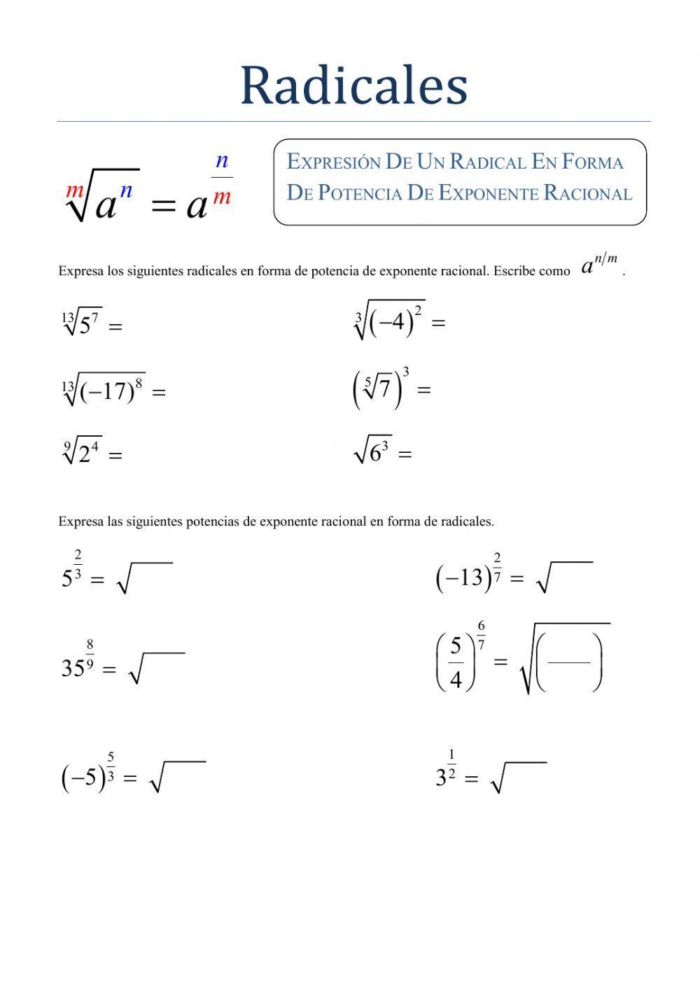 Hojas De Trabajo De Exponentes Radicales Y Racionales