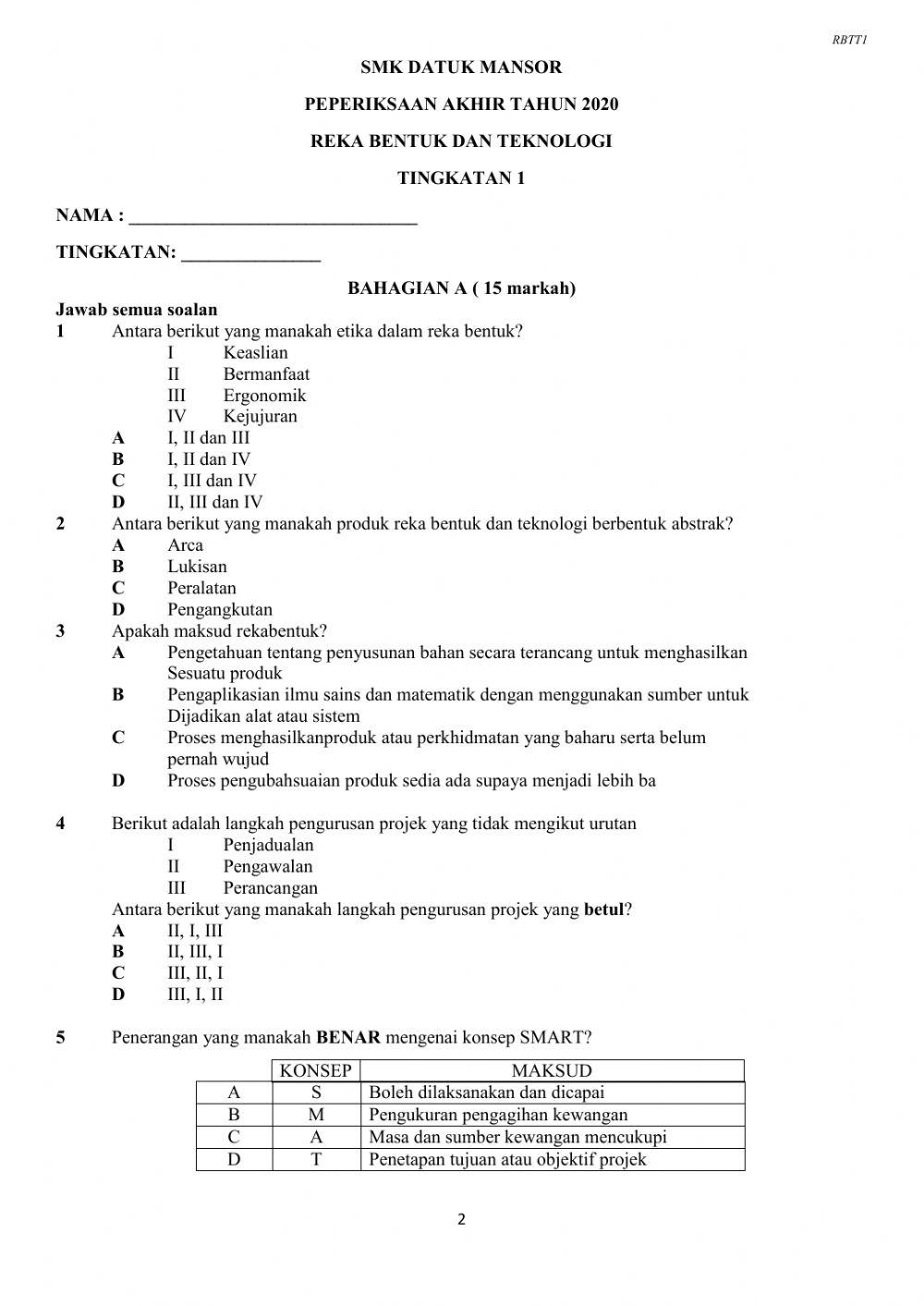 PEPERIKSAAN AKHIR TAHUN 2020 RBT TG1SMKDM worksheet | Live Worksheets