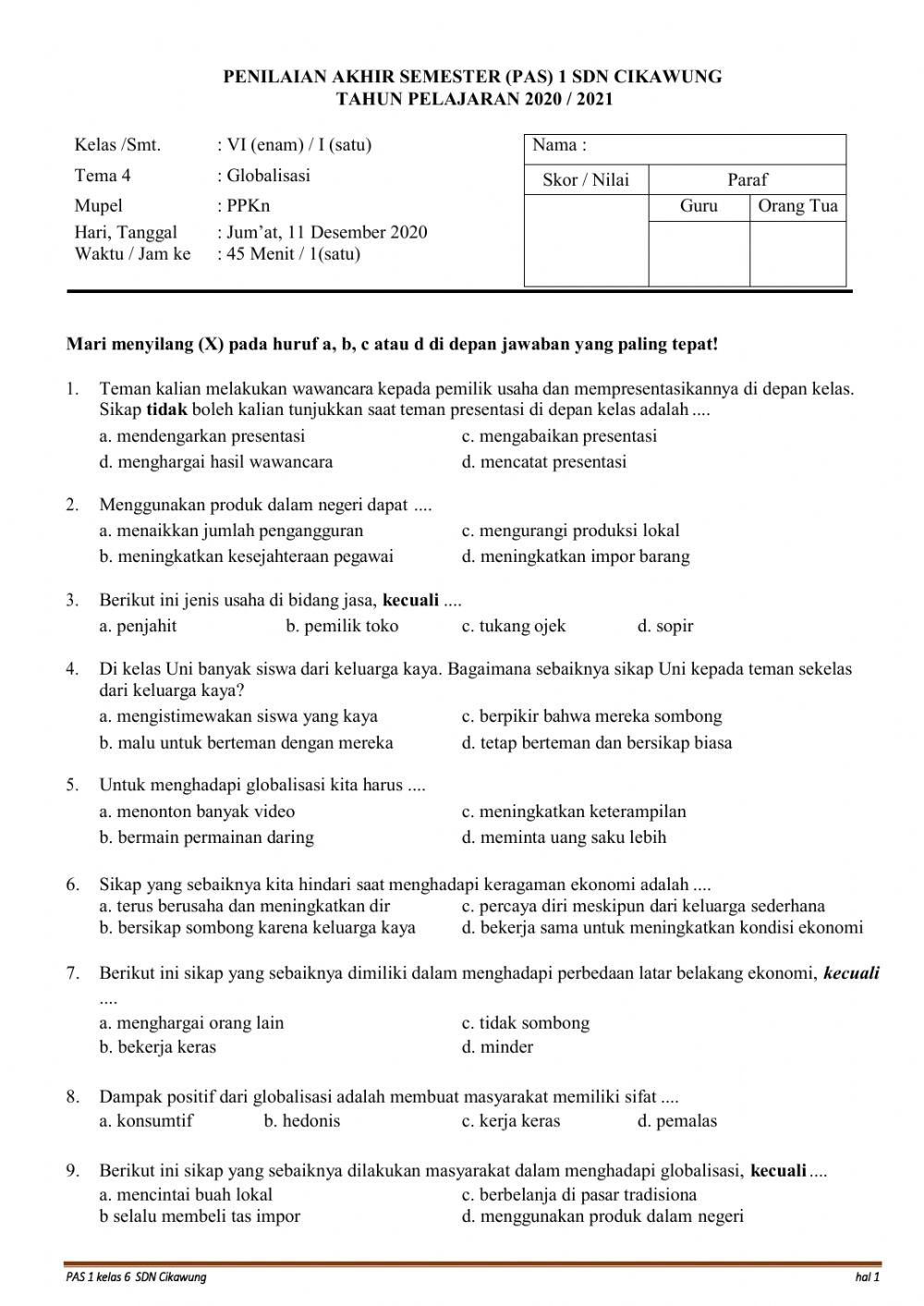 PAS PPKn Tema 4 Kelas 6 worksheet | Live Worksheets