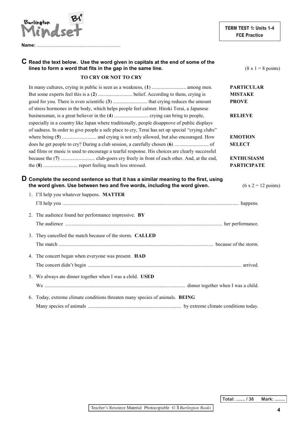 Mindset B1+ Term Test 1 Units 1-4 6315087 | MissMary2