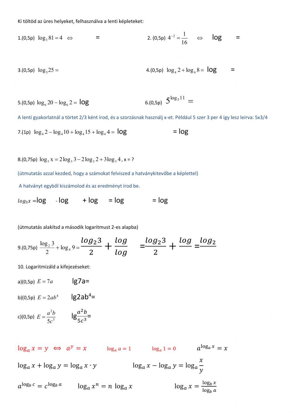 Teszt logaritmusok 583860 | papczier | Live Worksheets