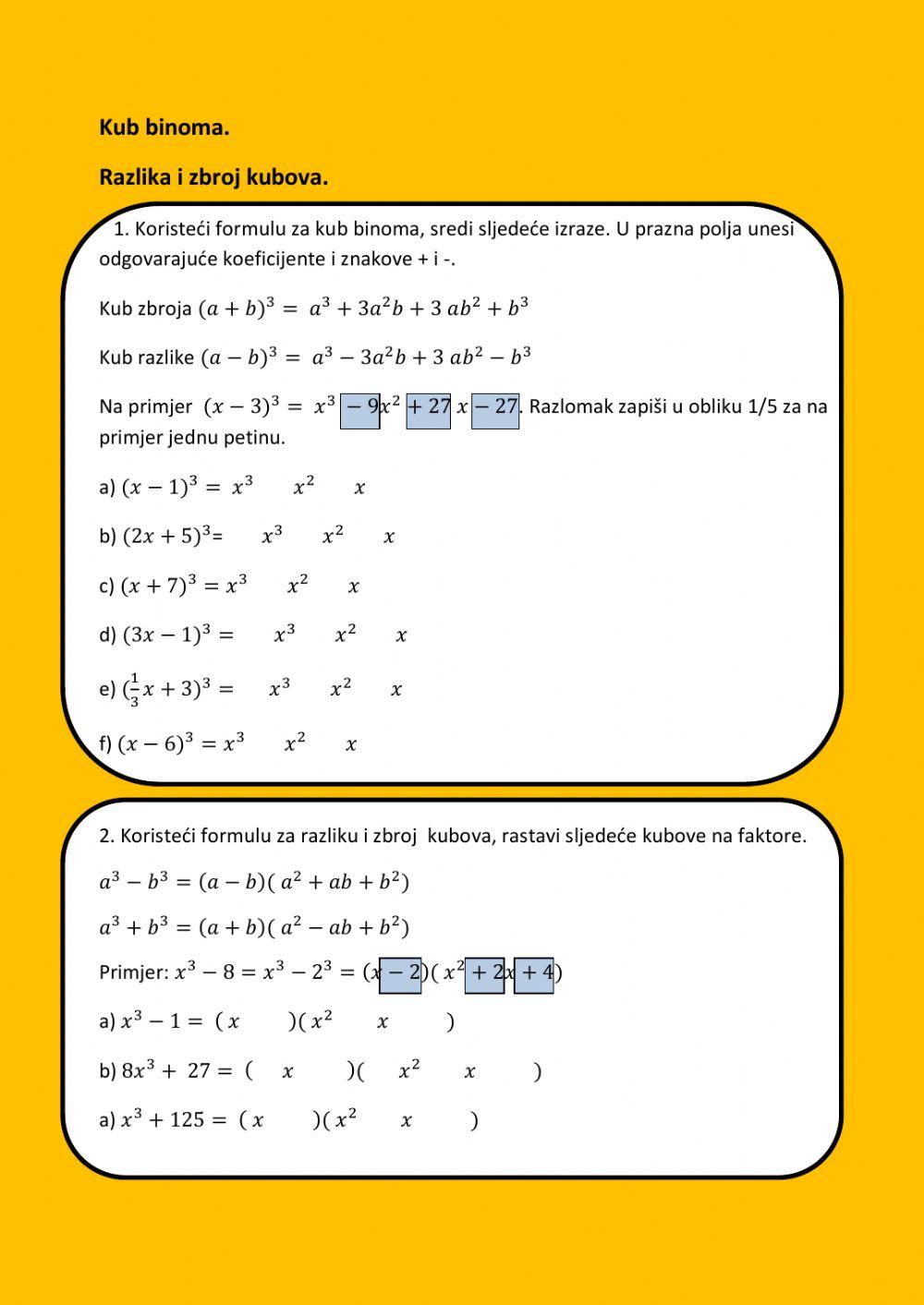 Kub binoma. Zbroj i razlika kubova worksheet | Live Worksheets