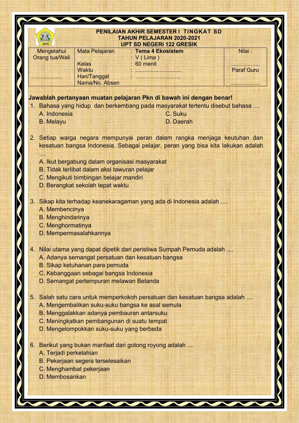 PAS I Tema 5 PKn Kelas 5 Tahun Pelajaran 2020-2021 worksheet | Live Worksheets