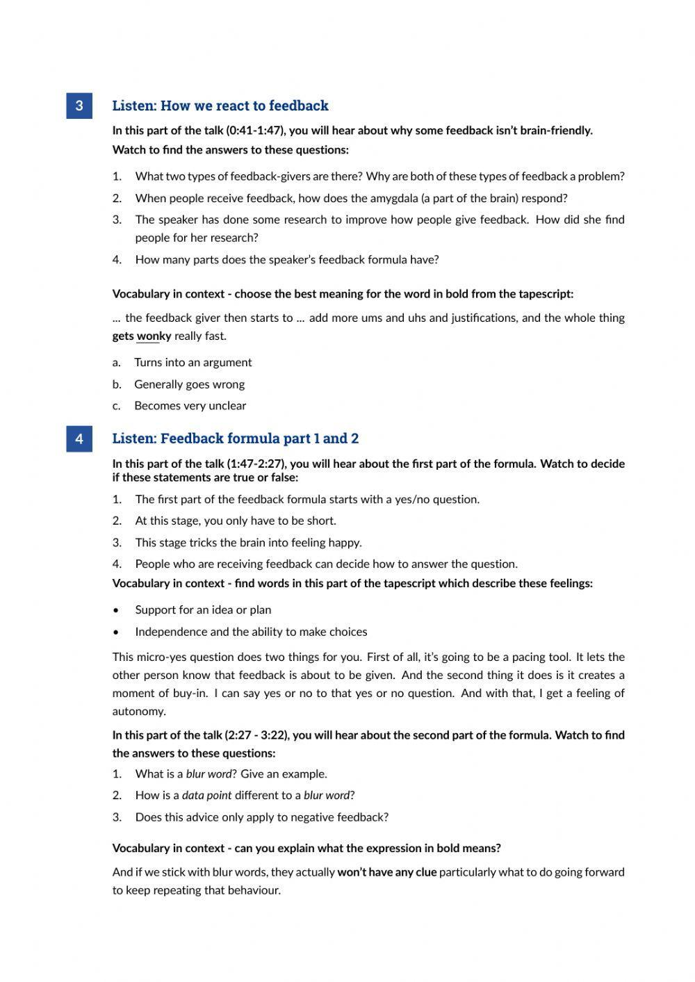 GIVING FEEDBACK - Business English in Video worksheet | Live Worksheets