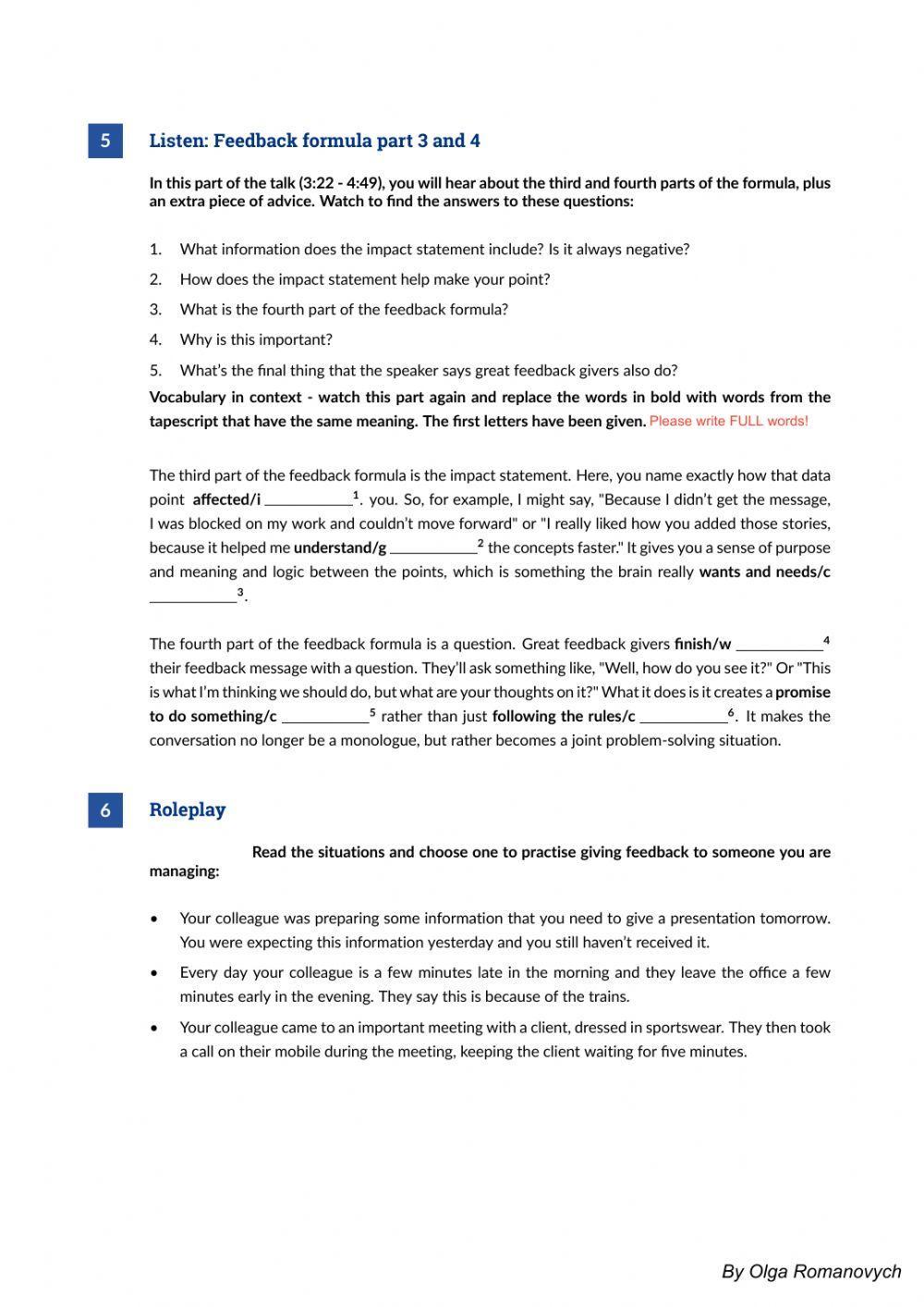 GIVING FEEDBACK - Business English in Video worksheet | Live Worksheets