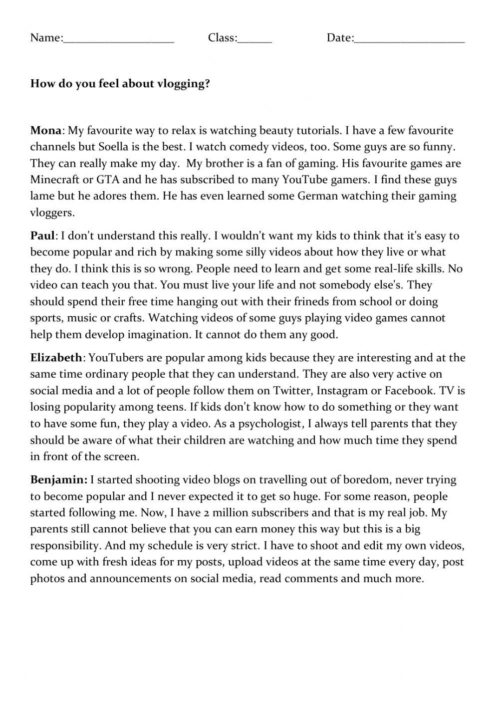 Vlogging, reading comprehension online exercise for | Live Worksheets