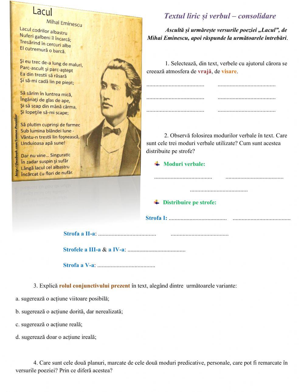 Textul liric și verbul - consolidare, clasa a VII-a