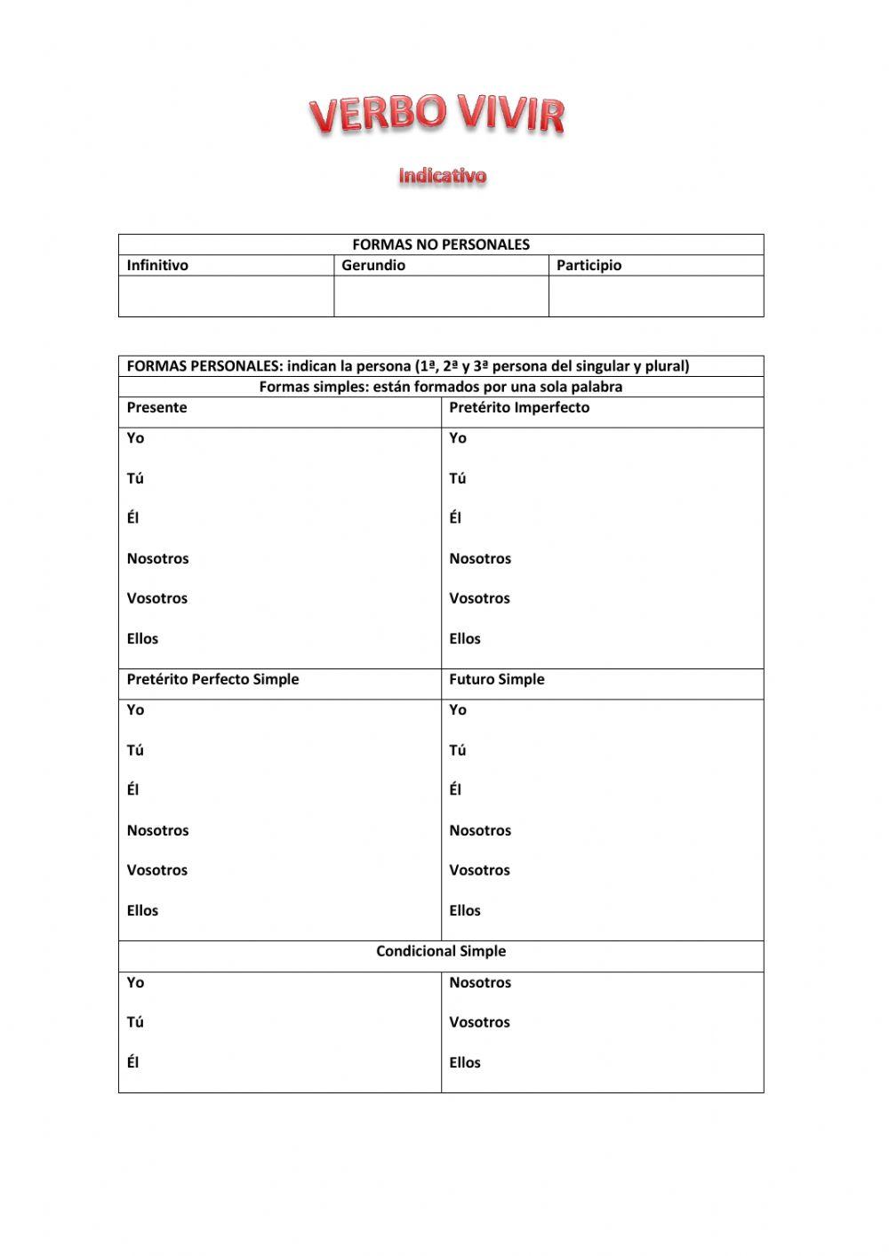 Verbo Vivir Indicativo Worksheet Live Worksheets