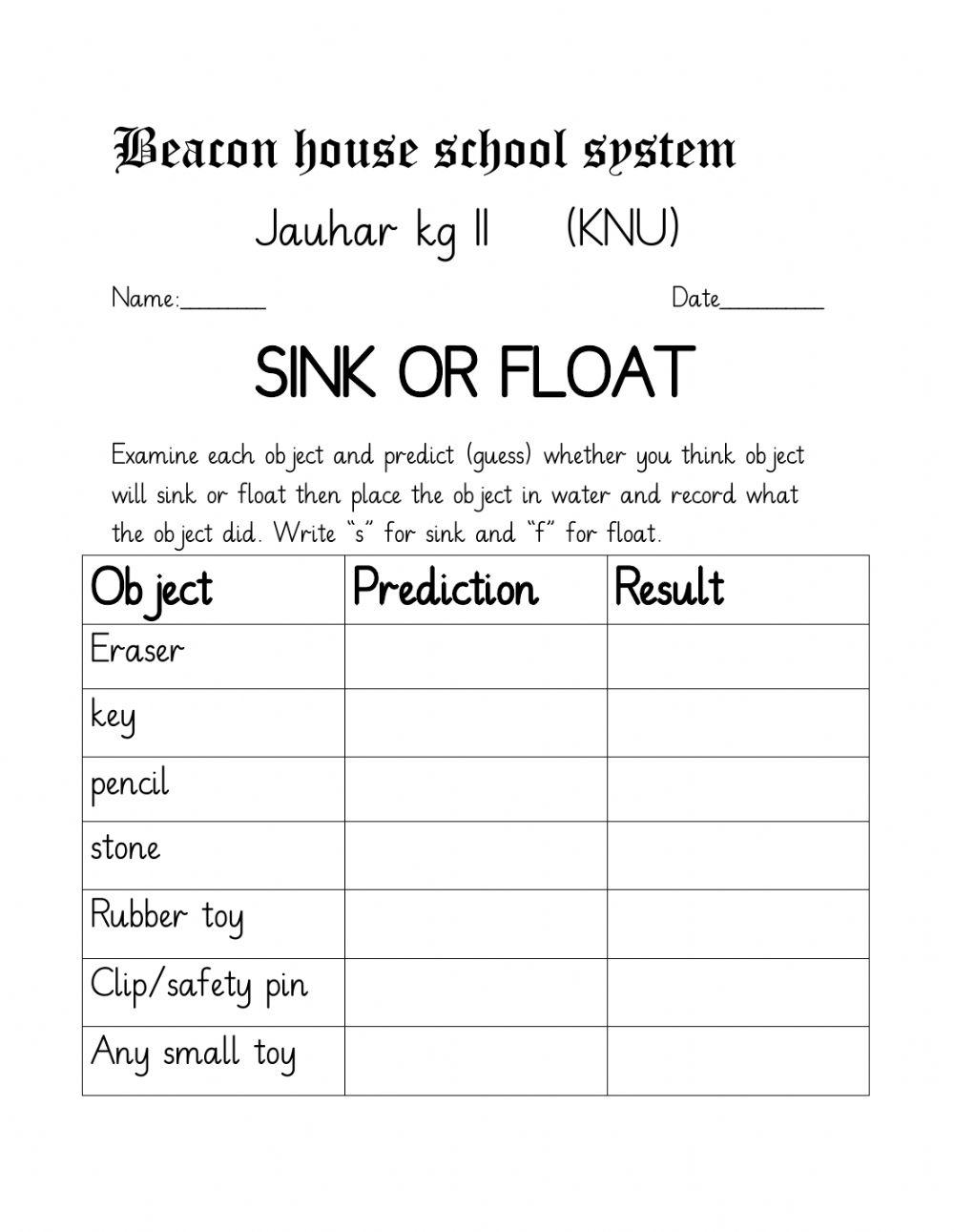Sink float worksheet | Live Worksheets