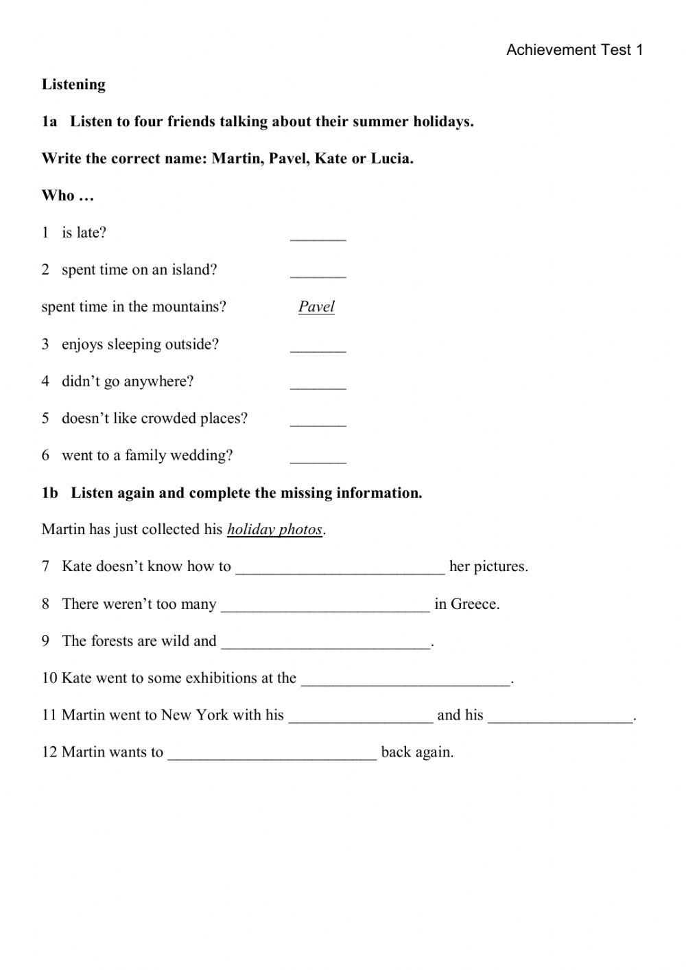 Achievement Test 1 worksheet | Live Worksheets