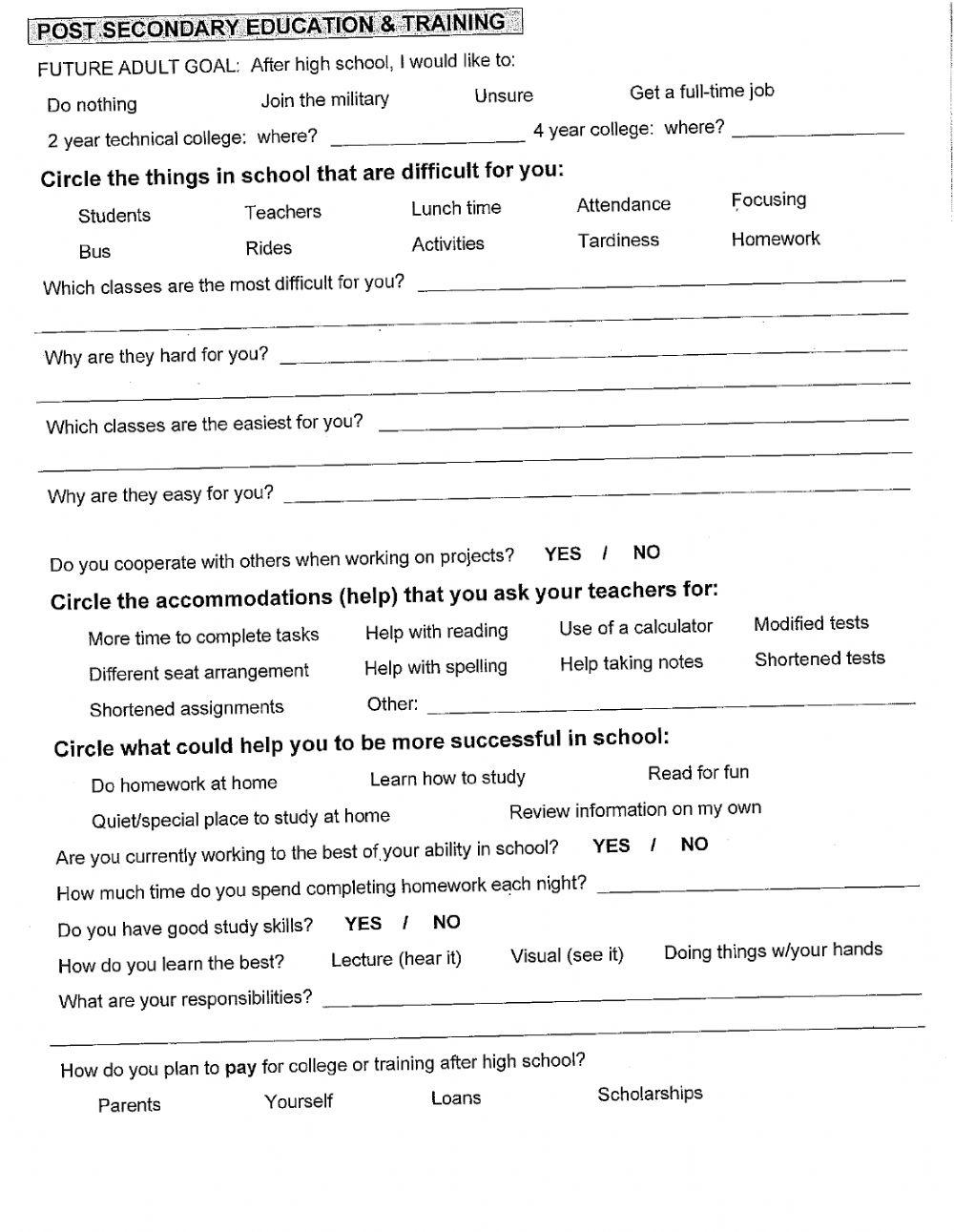 Transition Inventory Assessment worksheet | Live Worksheets