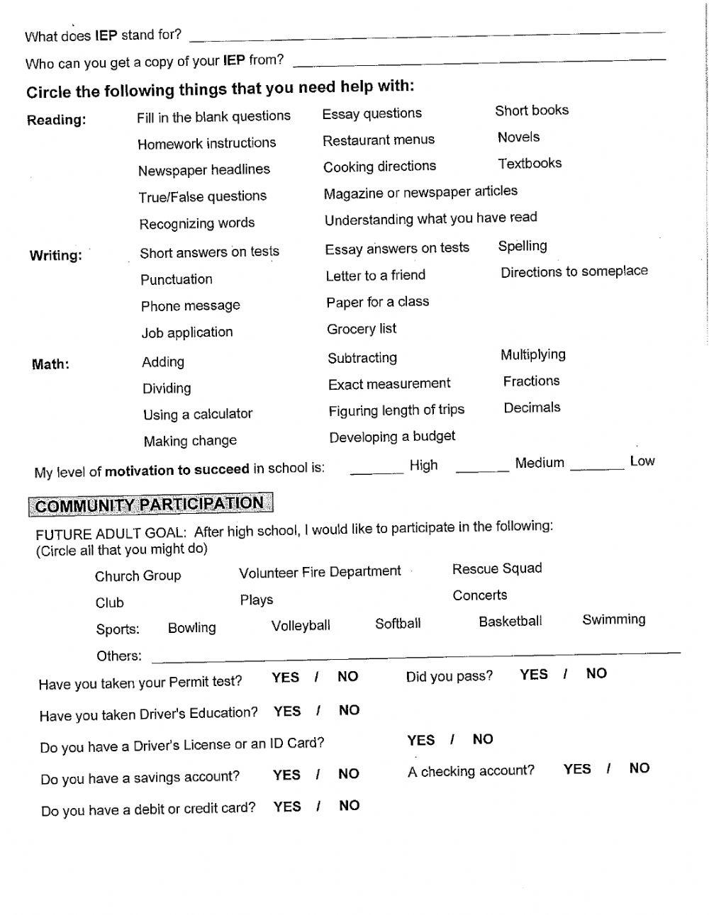Transition Inventory Assessment worksheet | Live Worksheets