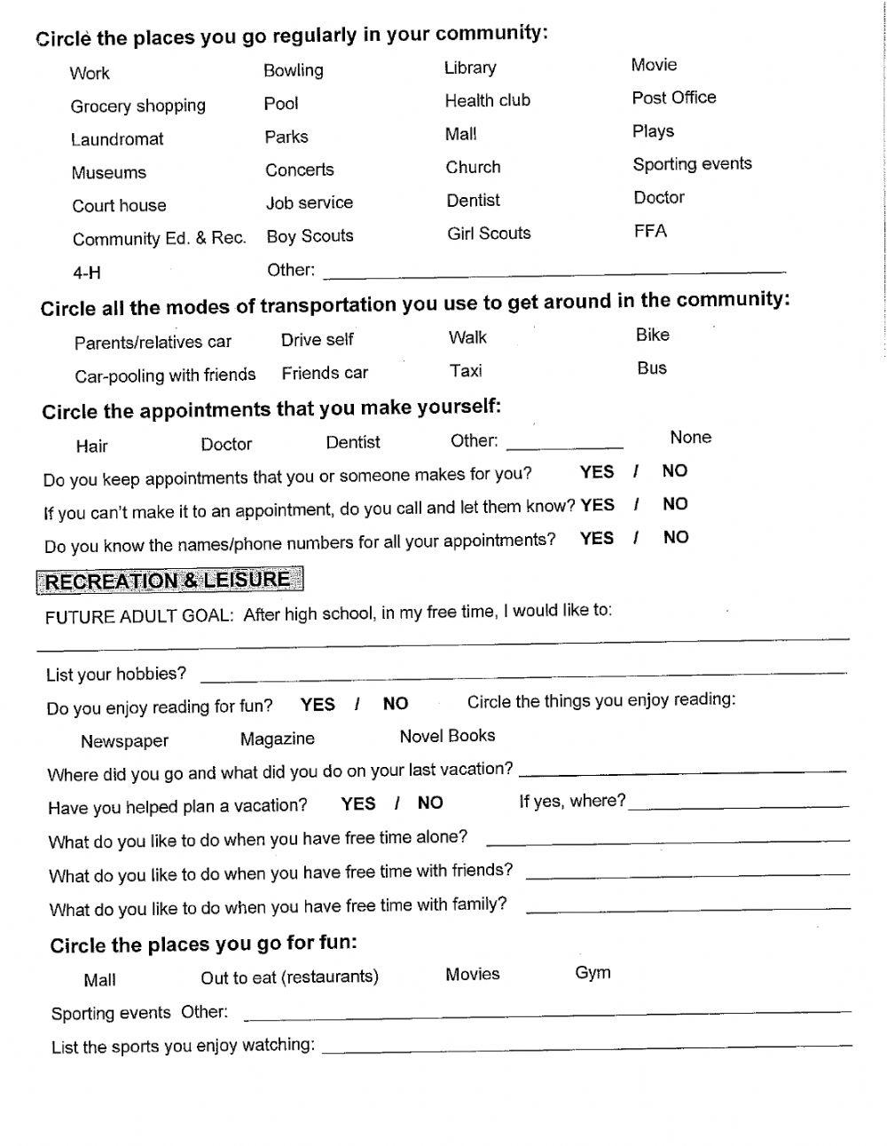 Transition Inventory Assessment worksheet | Live Worksheets