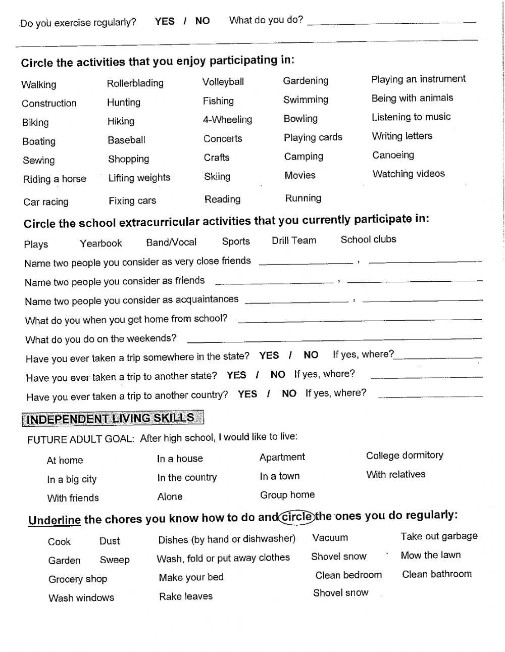 Transition Inventory Assessment worksheet | Live Worksheets