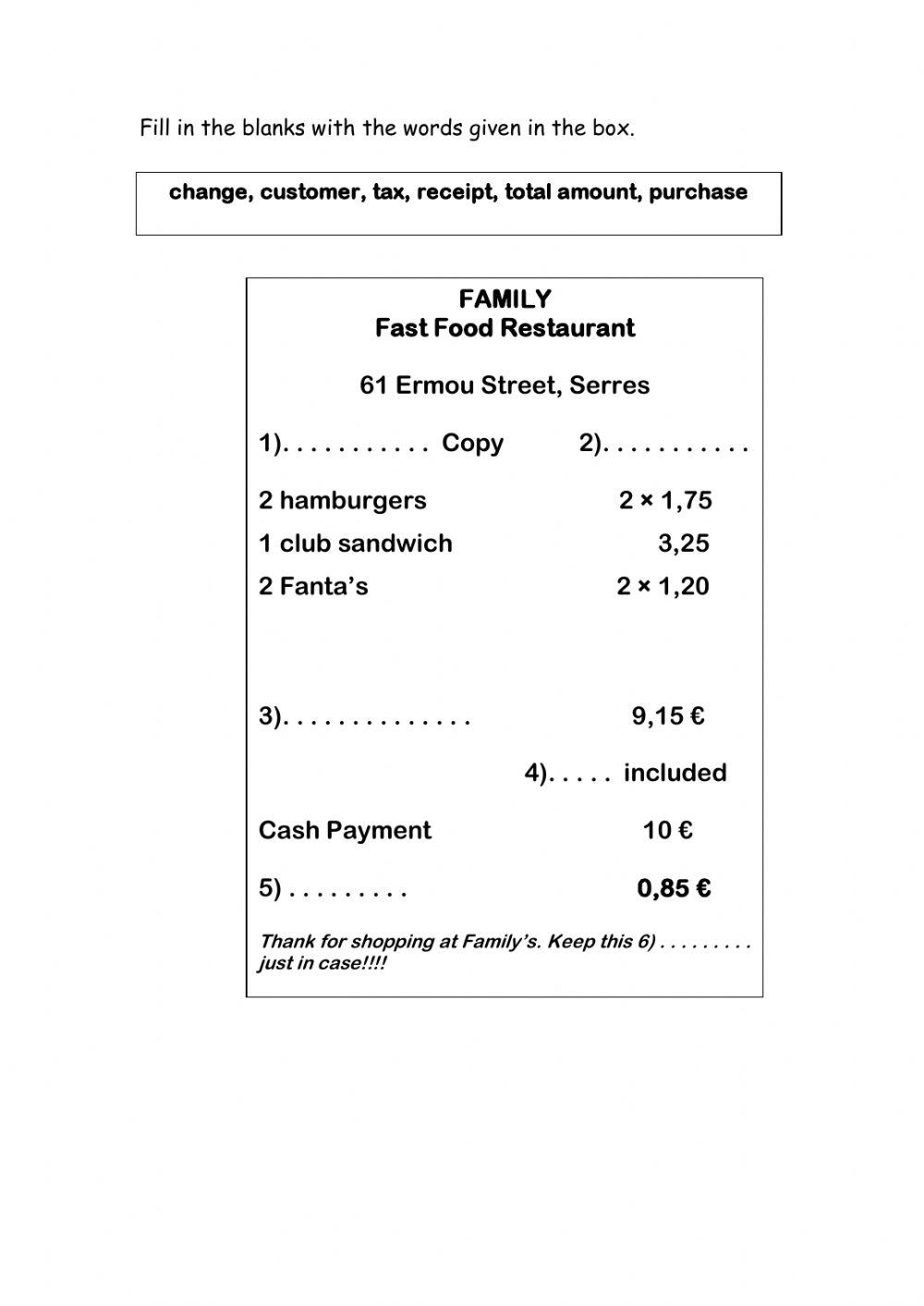 Receipt fill in online exercise for | Live Worksheets
