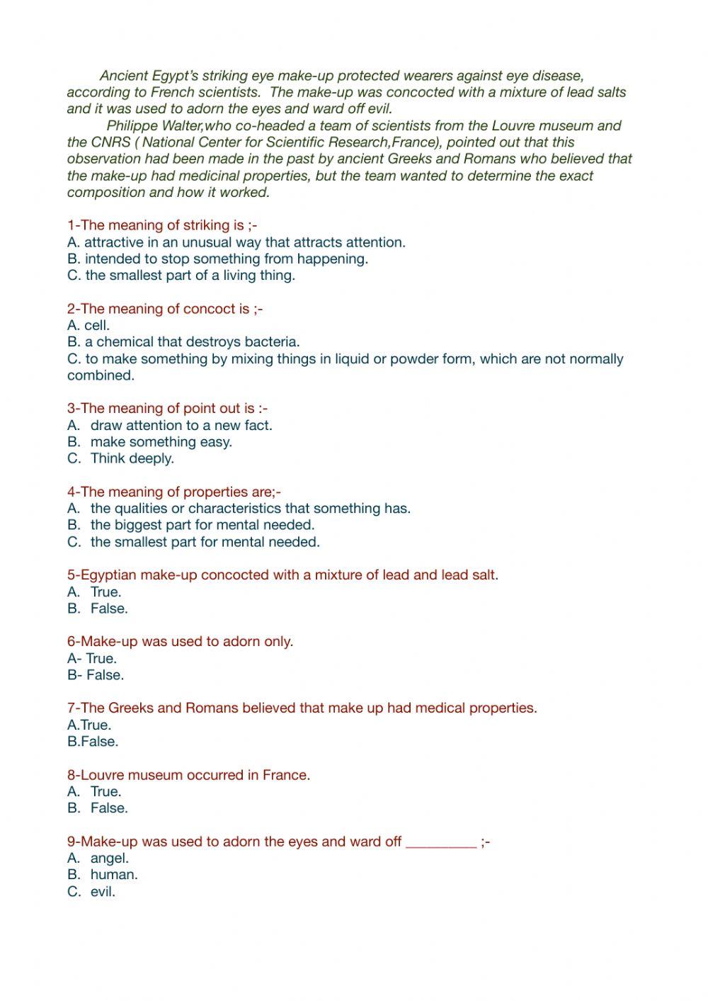 Reading Comprehension online exercise for grade one secondary school ...