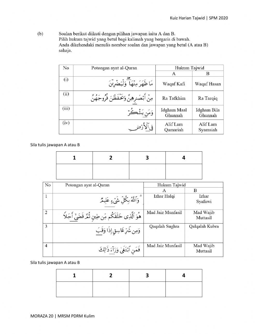 Kuiz Tajwid Harian 4 SPM20 worksheet | Live Worksheets