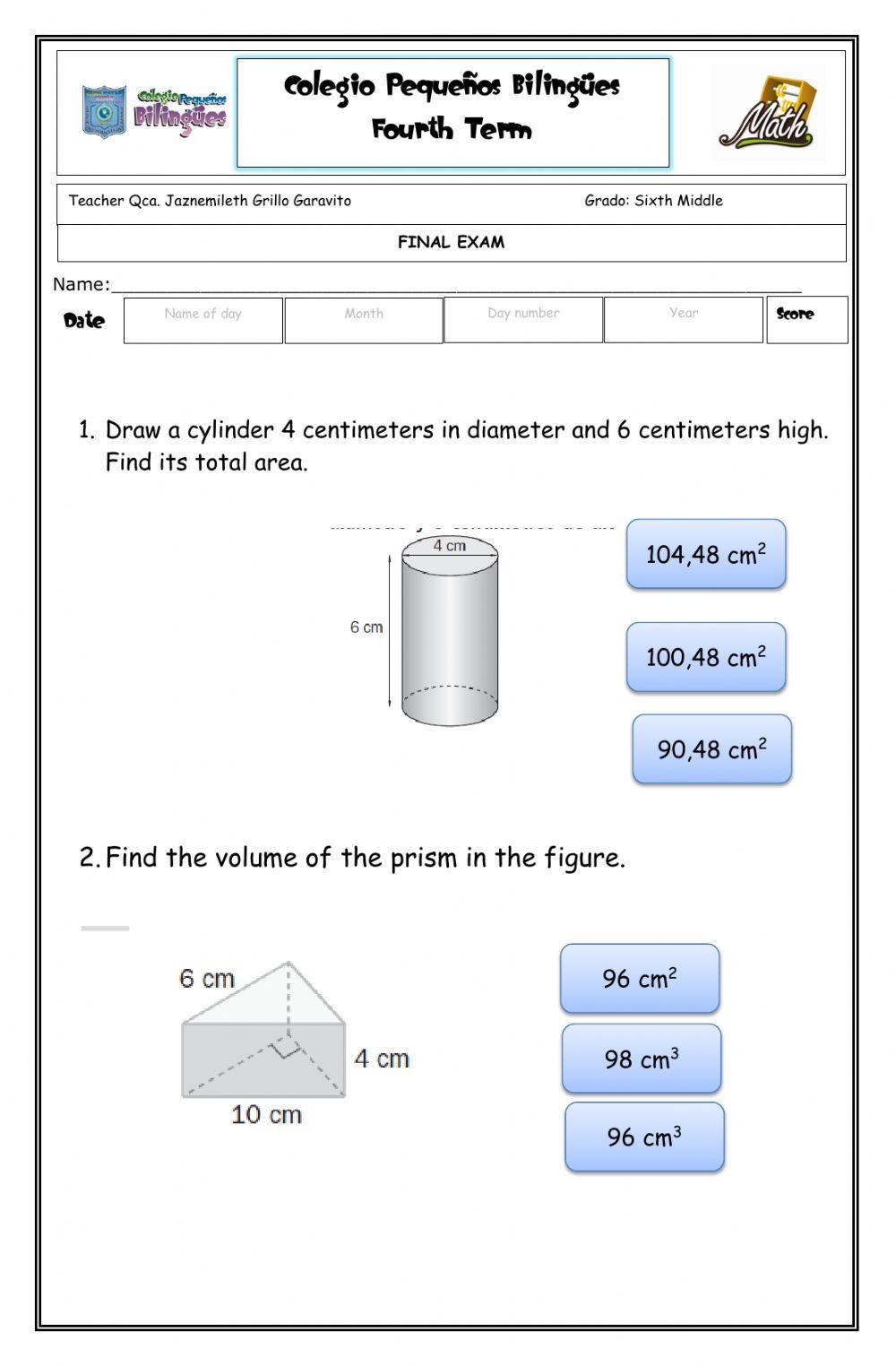 Final Exam Fourh Term 2020 online exercise | Live Worksheets