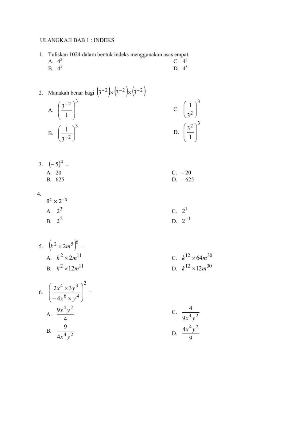 BAB 1 INDEKS TINGKATAN 3 online exercise for | Live Worksheets