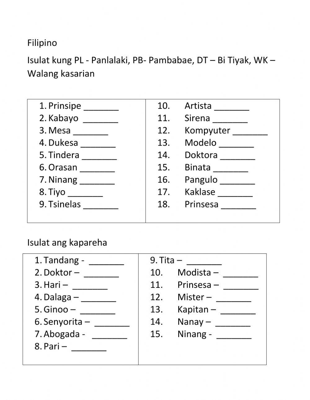 FILIPINO 1 - KASARIAN NG PANGNGALAN - 2ND QRT online exercise for ...