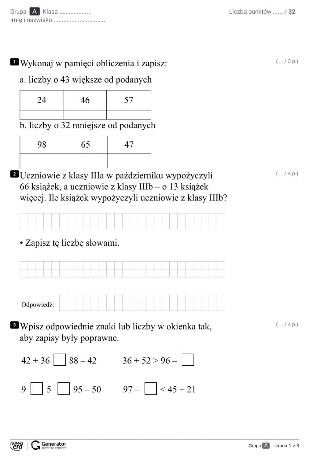 Sprawdzian matematyka 1 - kl. 3 zdalne 4552386 | Elżbieta