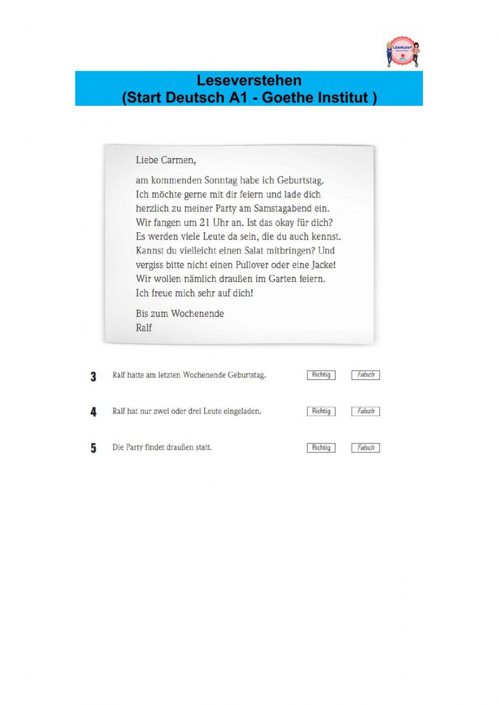 Leseverstehen A1 online exercise for | Live Worksheets